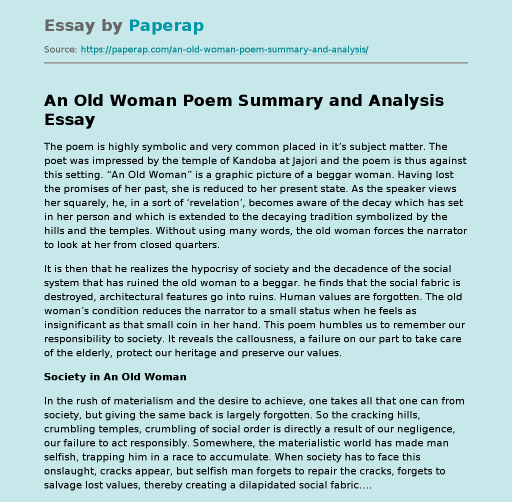 An Old Woman Poem Summary And Analysis Free Essay Example
