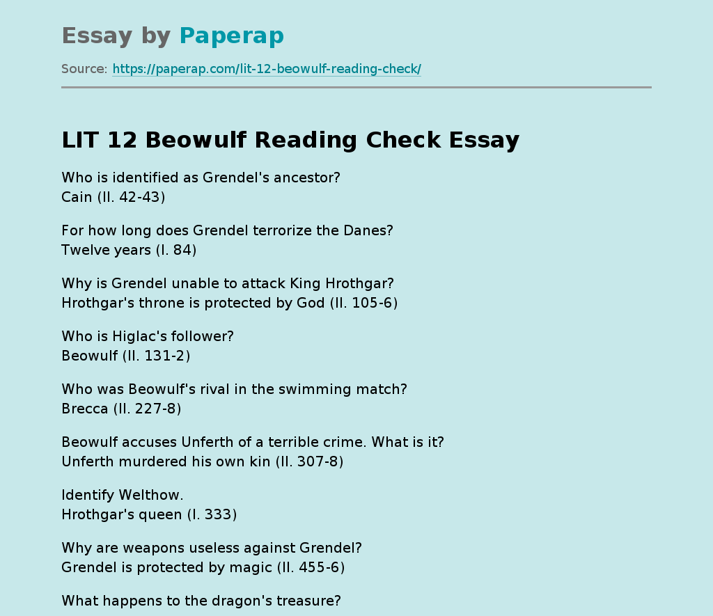 LIT 12 Beowulf Reading Check Free Essay Example