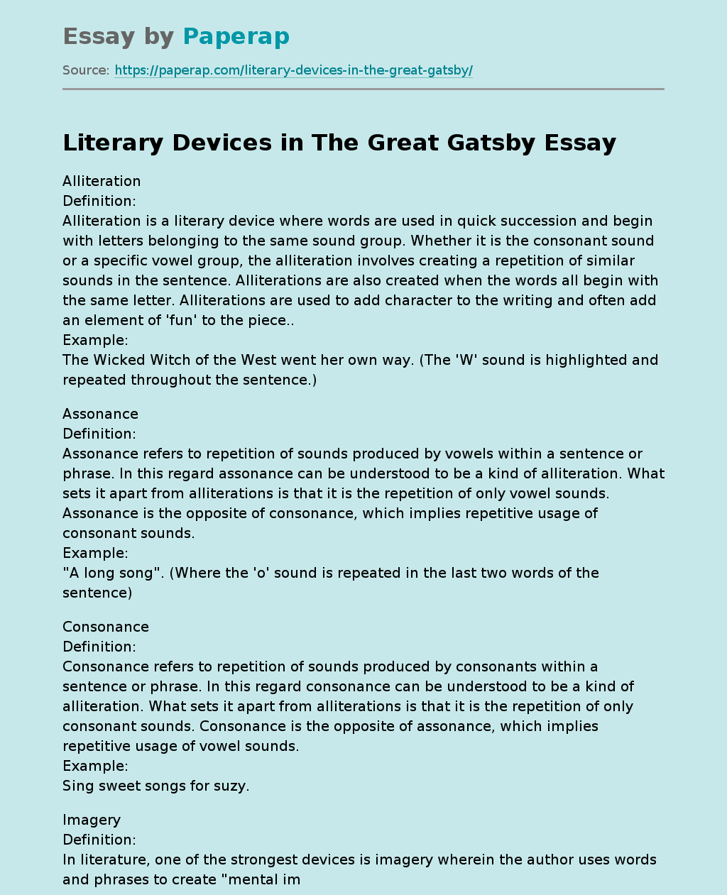 Literary Devices In The Great Gatsby Essay Example
