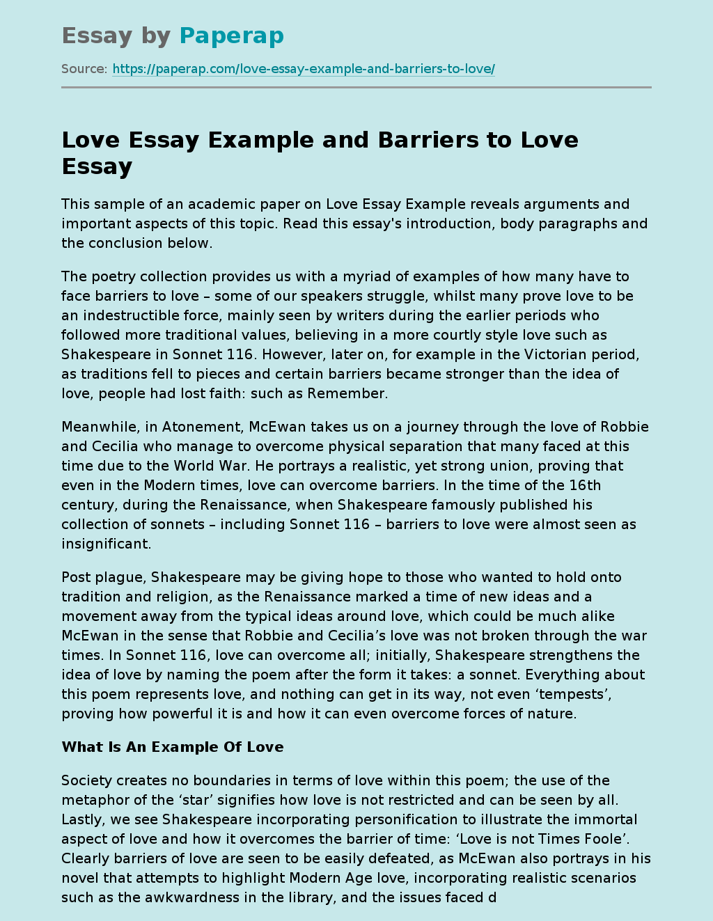Love Example And Barriers To Love Free Essay Example