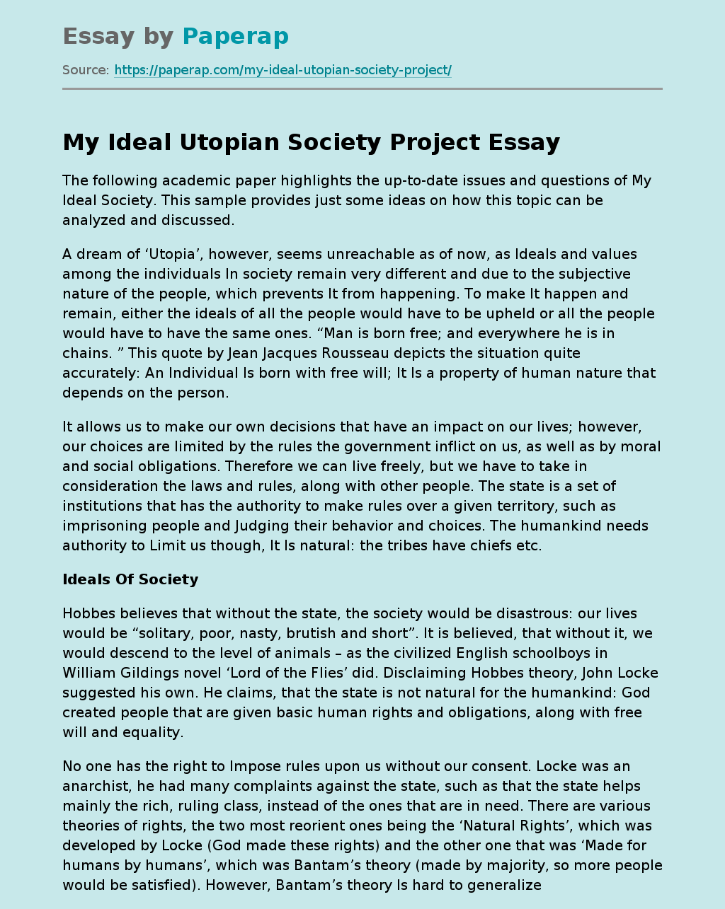 My Ideal Utopian Society Project Free Essay Example