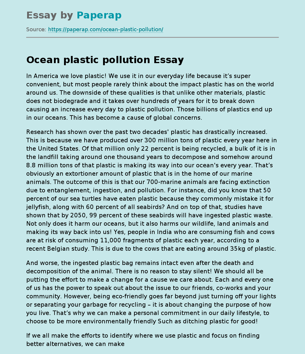 Ocean Plastic Pollution Free Essay Example