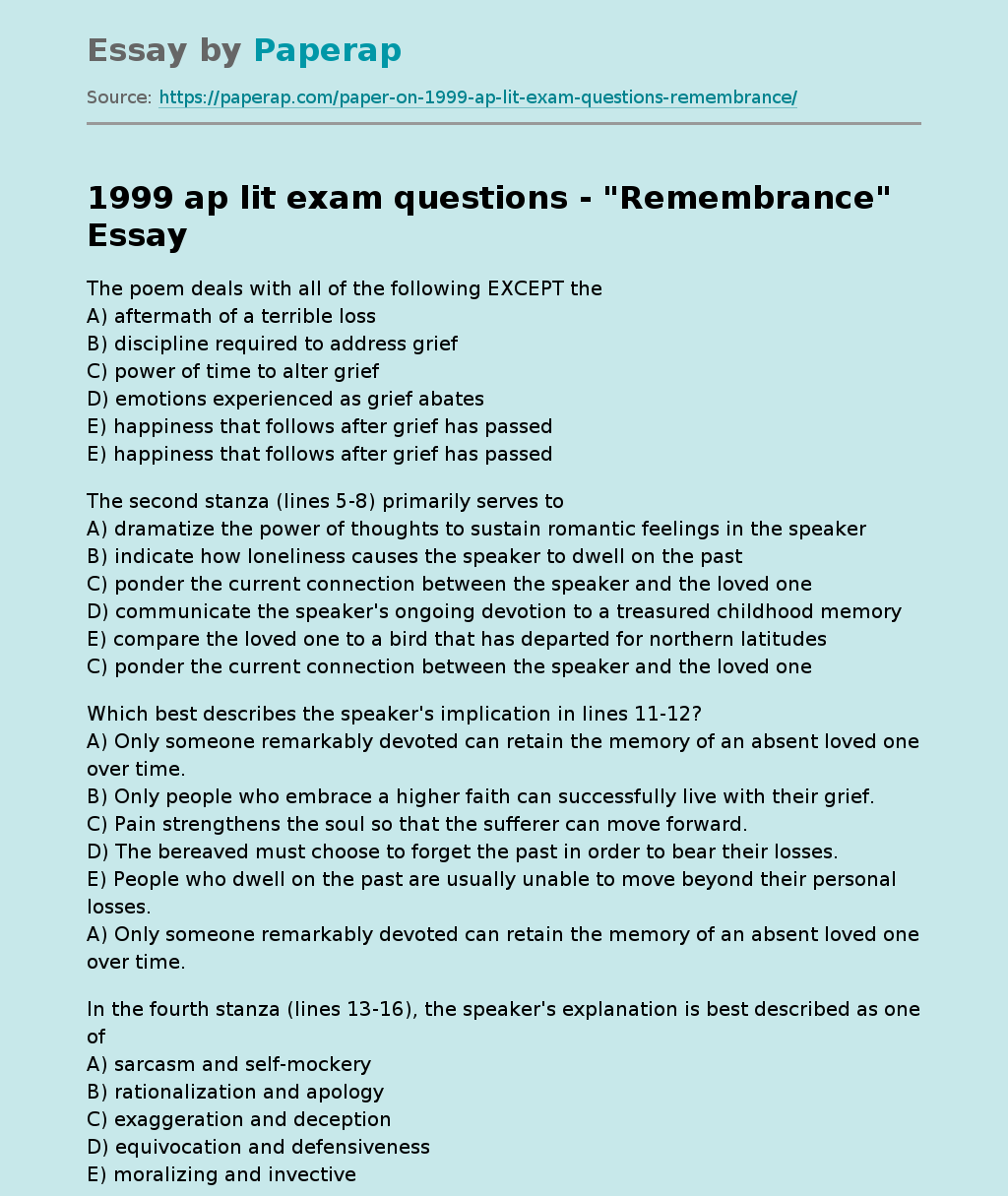 1999 Ap Lit Exam Questions Remembrance Free Essay Example