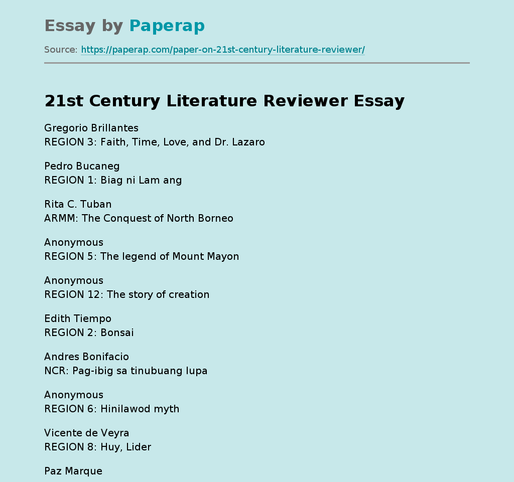 21st Century Literature Reviewer Free Essay Example