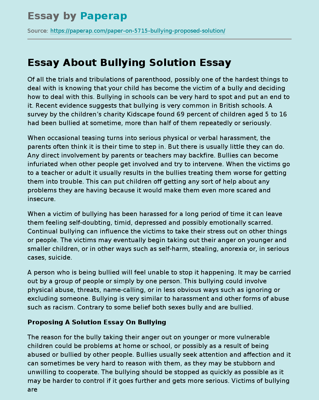 Bullying Solution Problem Solution Essay Example