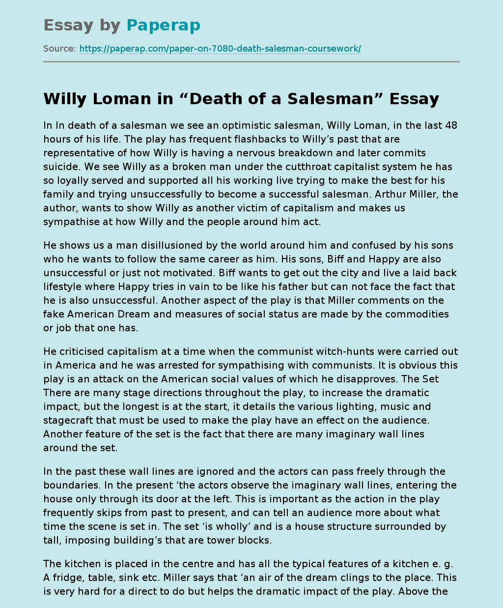 Willy Loman In Death Of A Salesman Free Essay Example