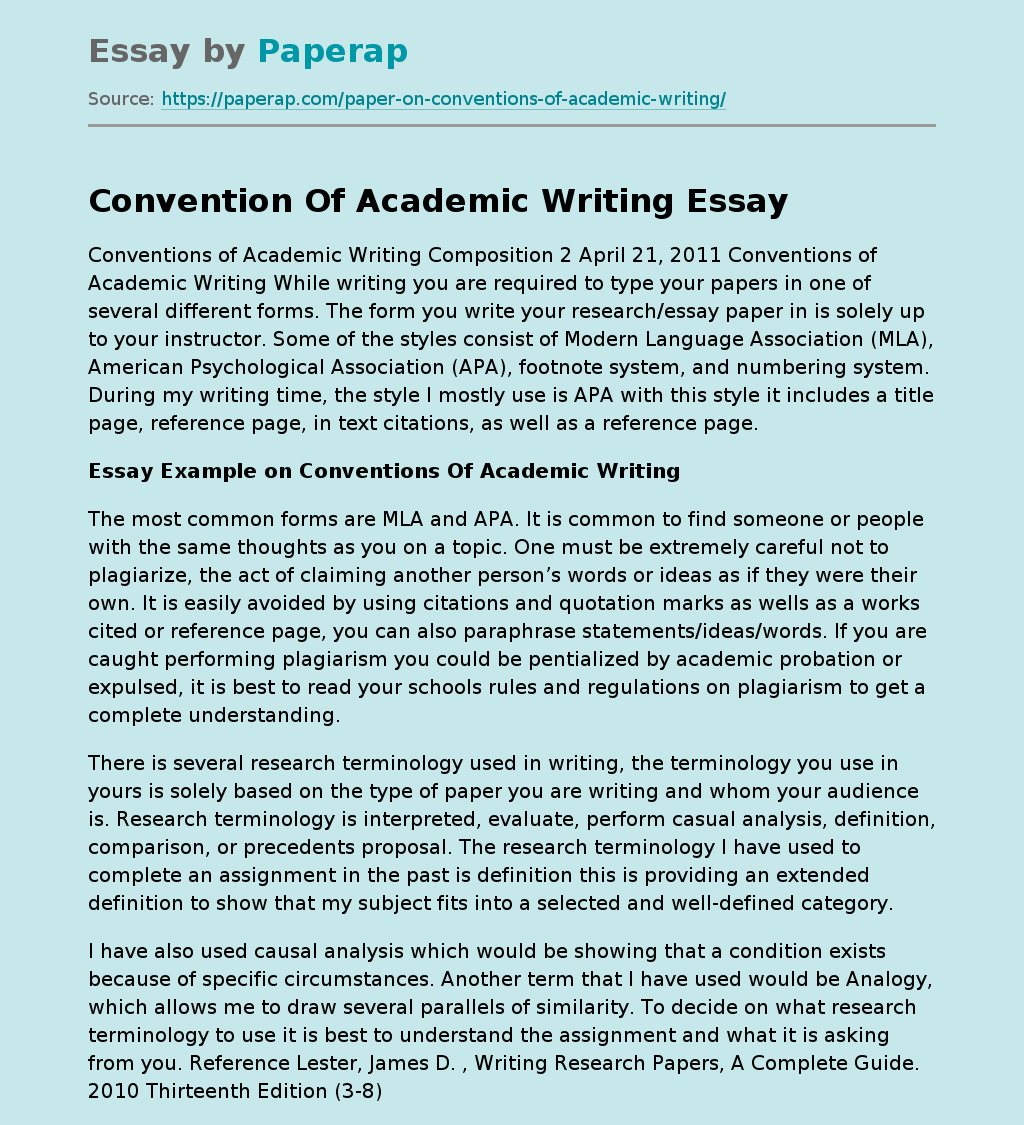 Convention Of Academic Writing Free Essay Example