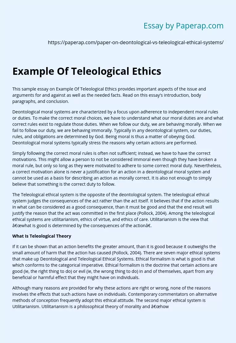 Example Of Teleological Ethics Free Essay Example