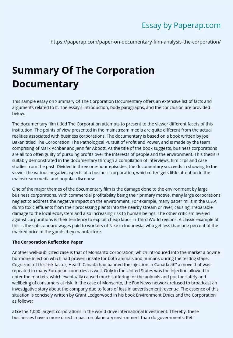 Summary Of The Corporation Documentary Essay Example