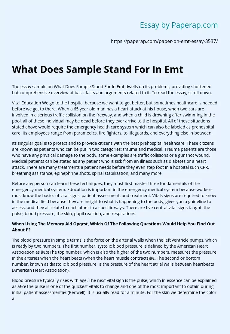 What Does Sample Stand For In Emt Free Essay Example