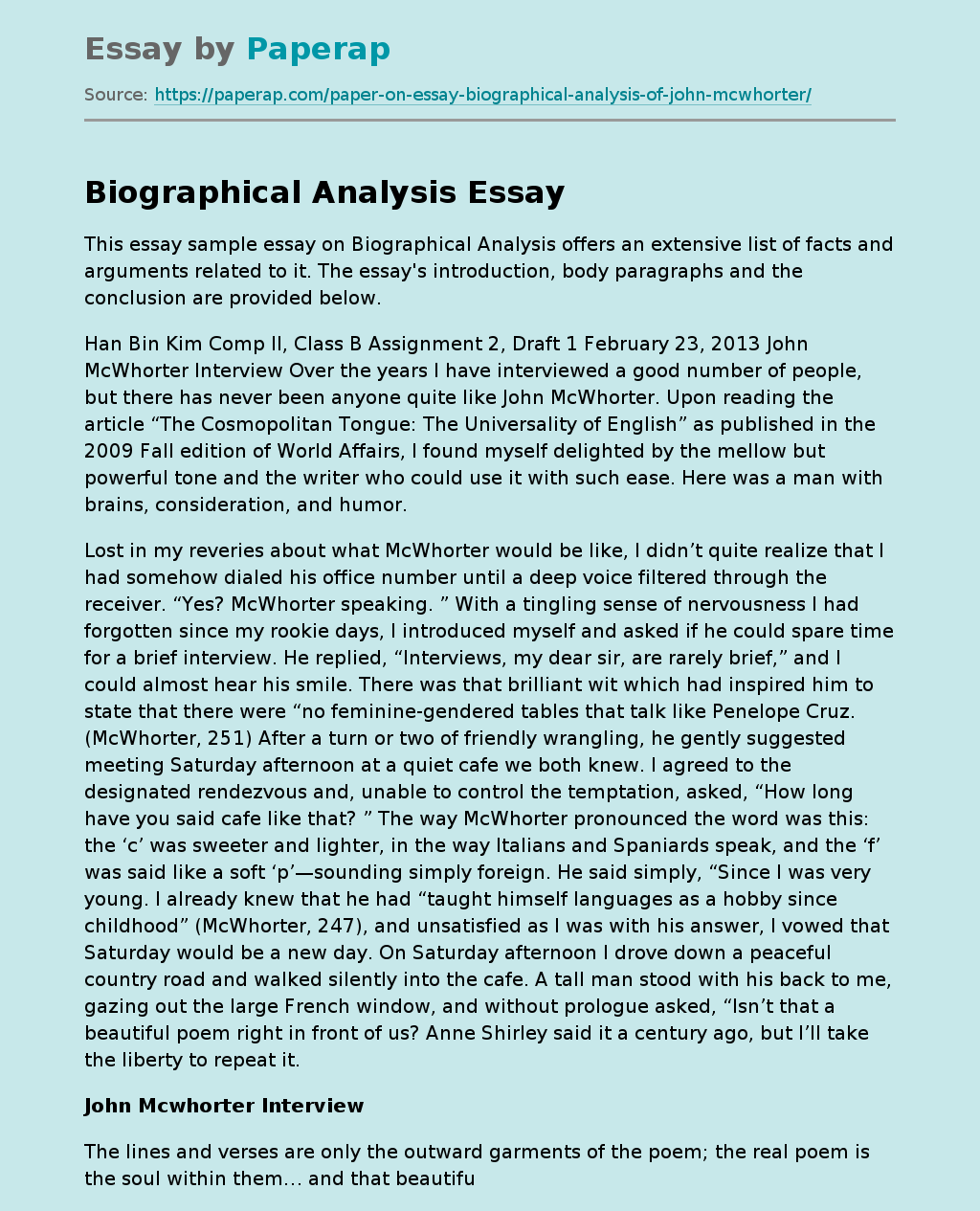 Biographical Analysis Free Essay Example