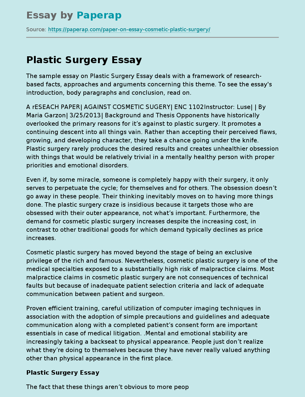 Plastic Surgery Free Essay Example