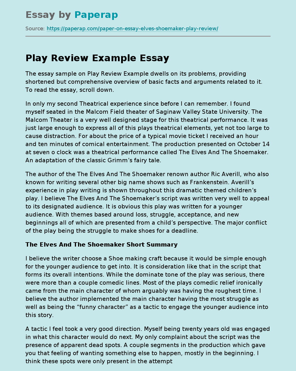 Play Review Example Free Essay Example