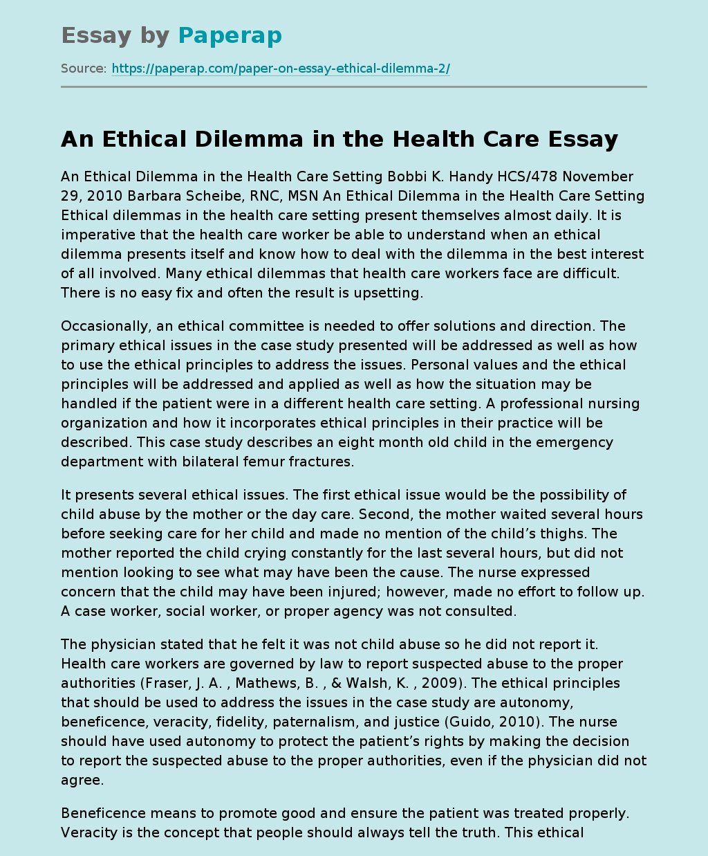 An Ethical Dilemma In The Health Care Free Essay Example