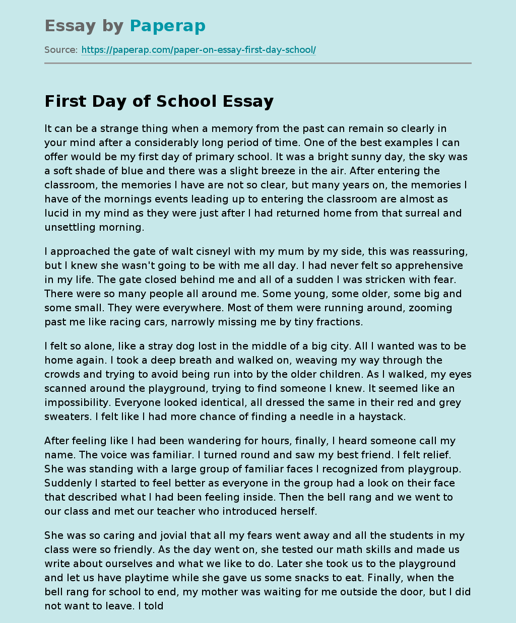 First Day Of School Free Essay Example