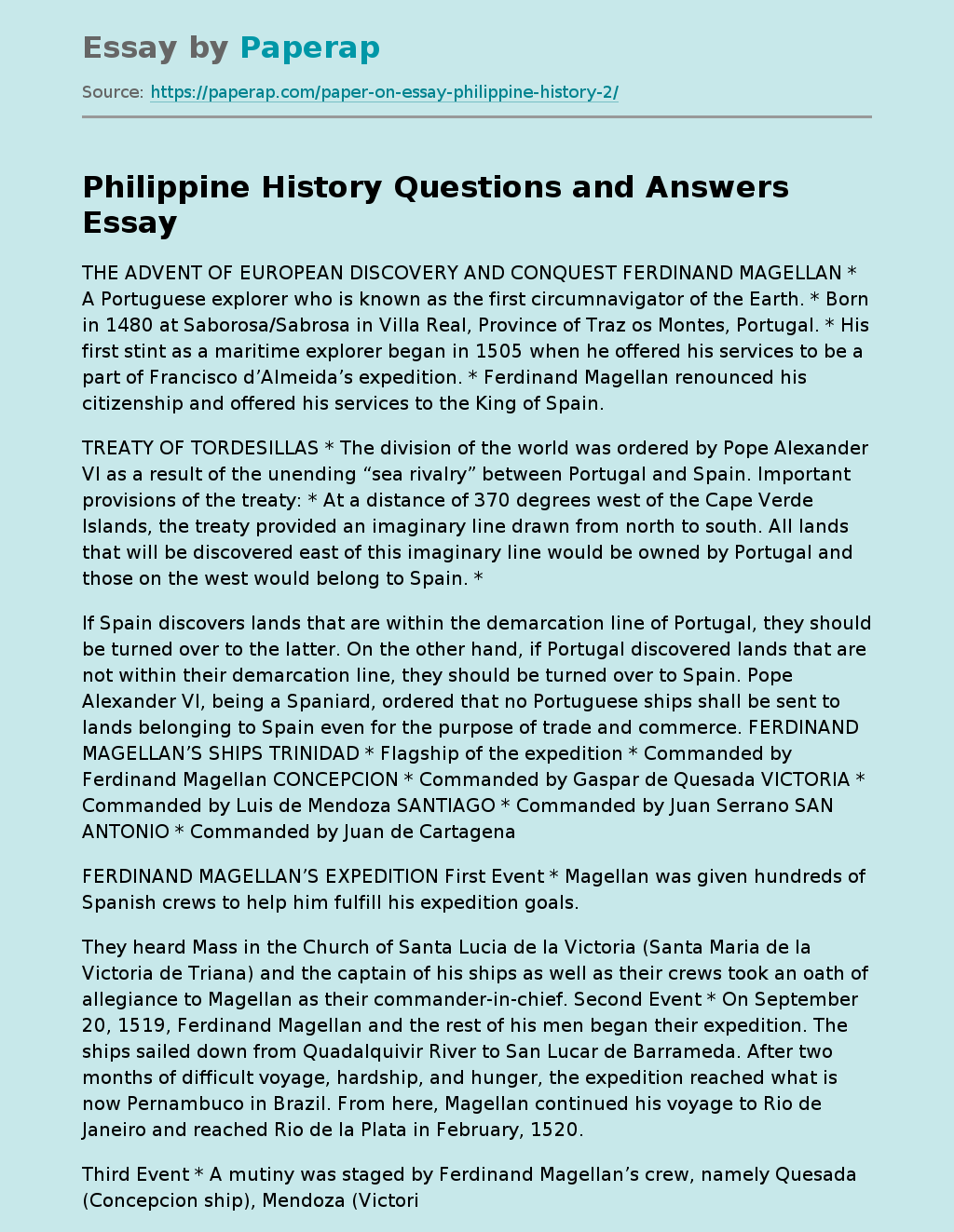 Philippine History Questions And Answers Free Essay Example