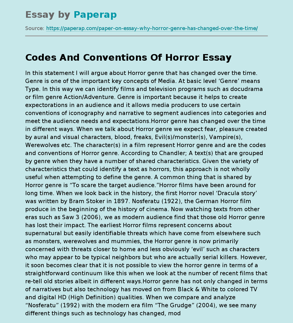 Codes And Conventions Of Horror Free Essay Example