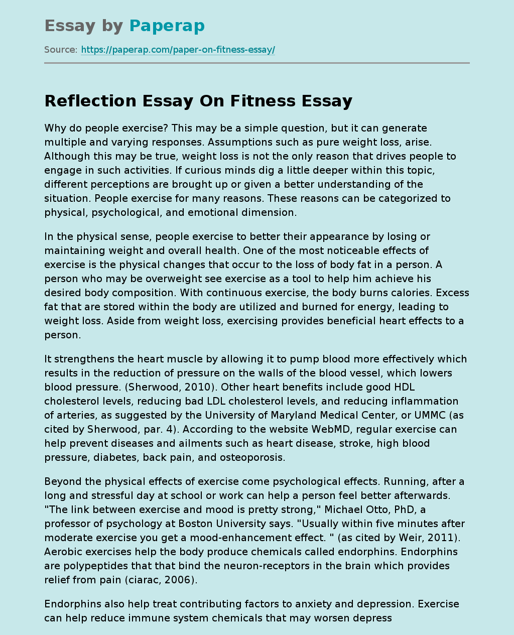 Reflection Essay On Fitness Free Essay Example