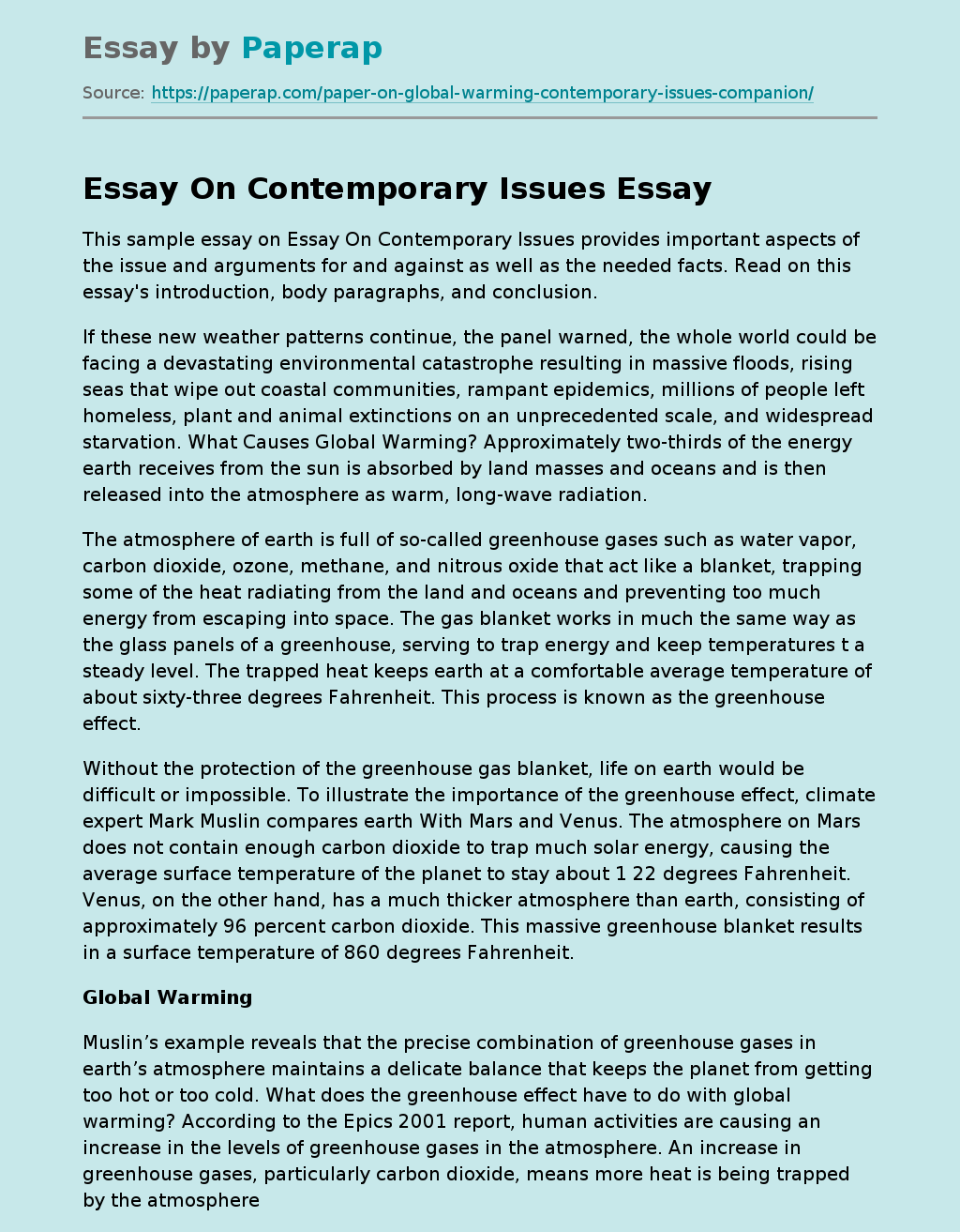 Essay On Contemporary Issues Free Essay Example