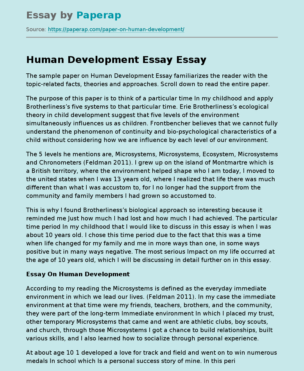 Human Development Essay Free Essay Example