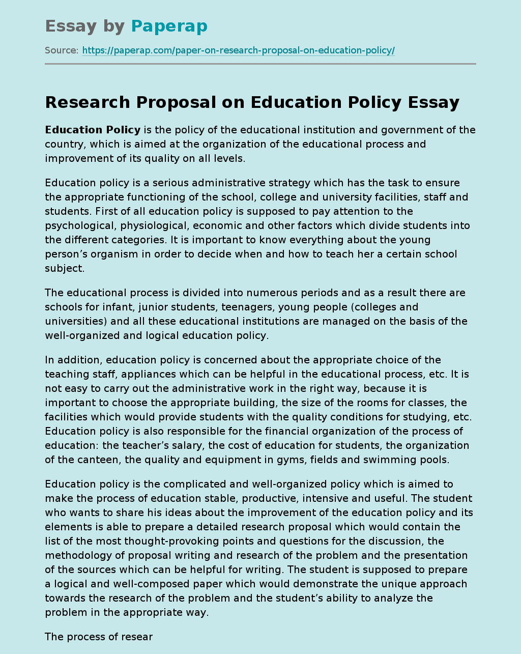 Research Proposal On Education Policy Essay Example