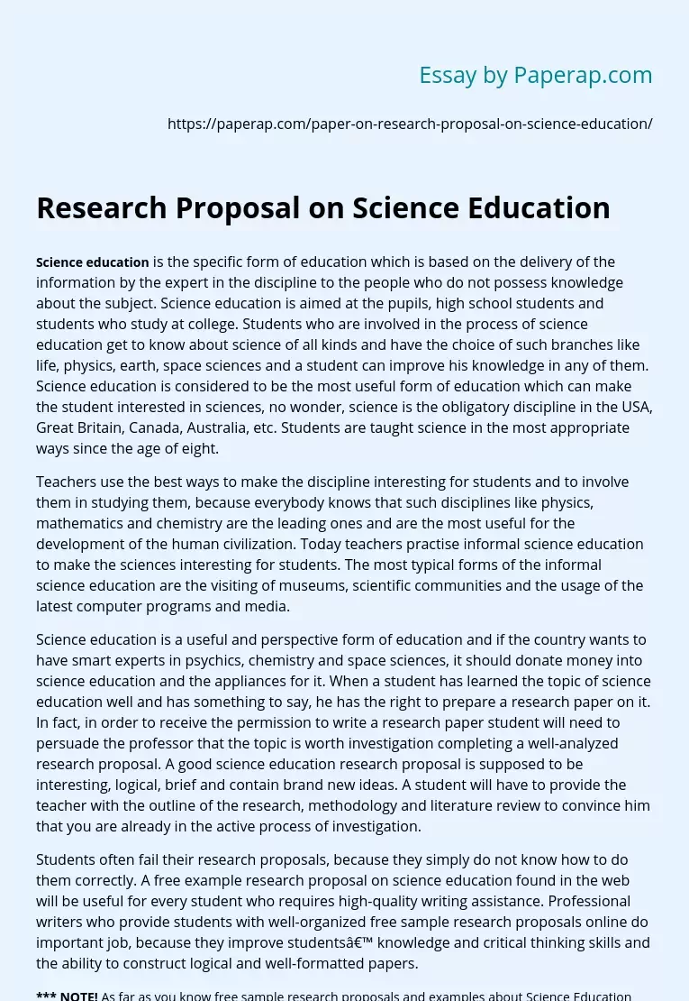 Research Proposal On Science Education Free Essay Example