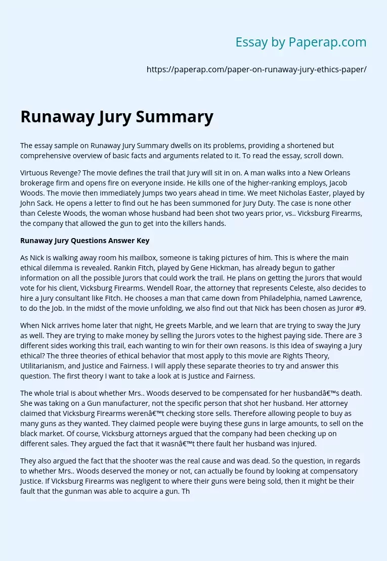 Runaway Jury Summary Free Essay Example