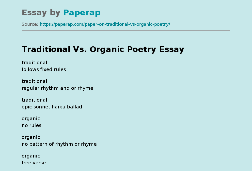 Traditional Vs Organic Poetry Free Essay Example
