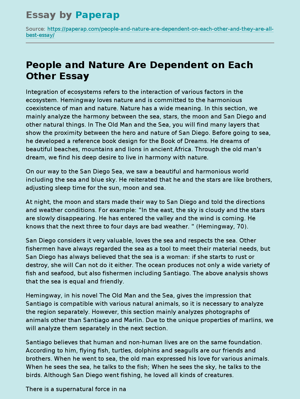 People And Nature Are Dependent On Each Other Free Essay Example