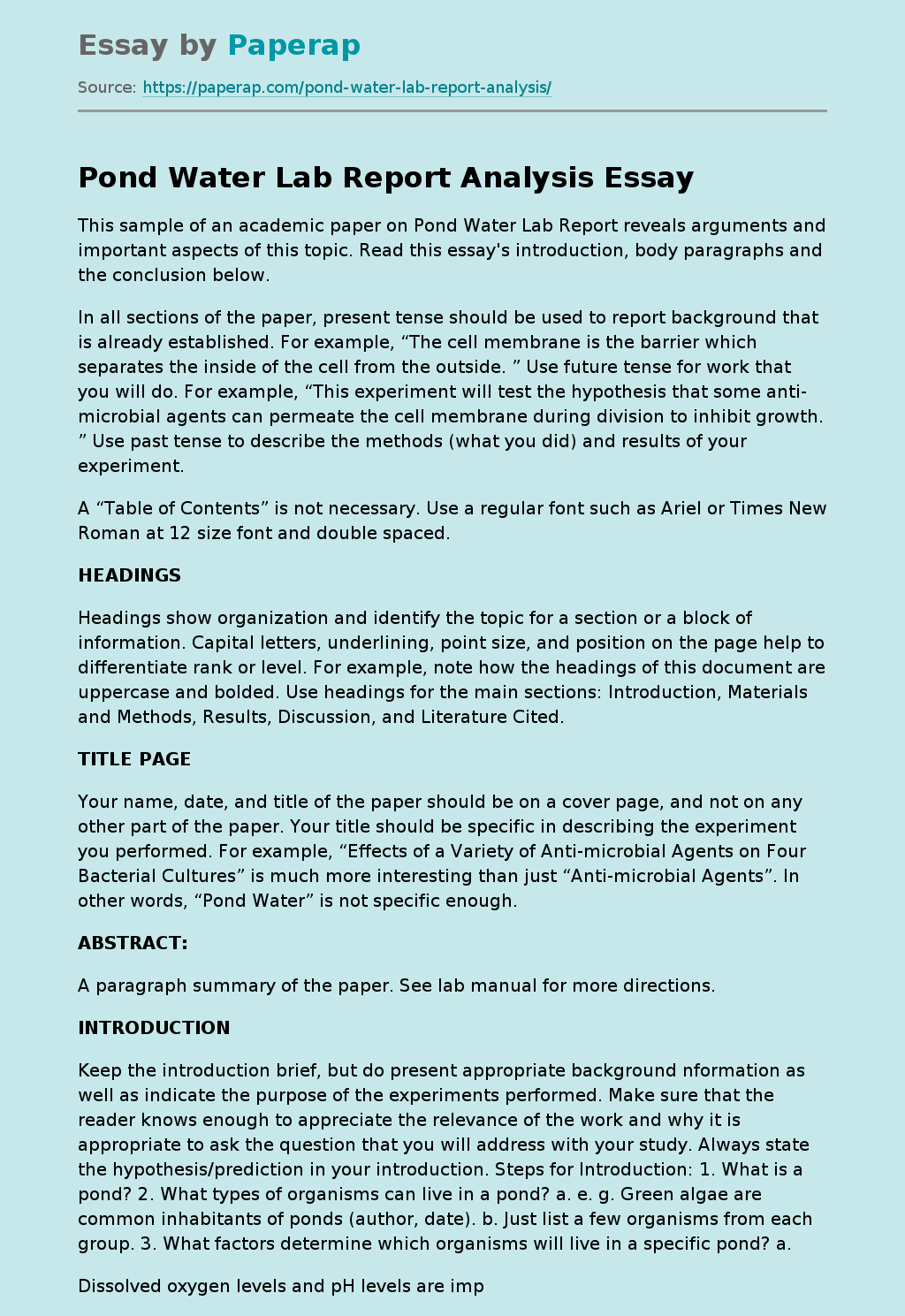 Pond Water Lab Report Analysis Free Essay Example