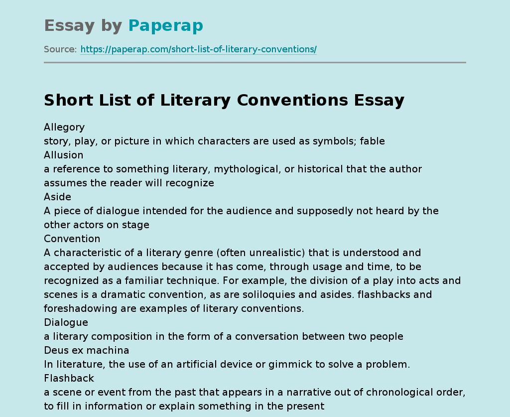 Short List Of Literary Conventions Essay Example
