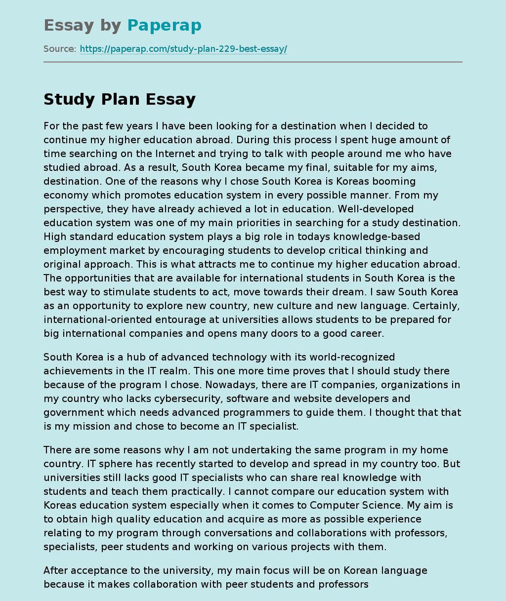 Study Plan Scholarship Essay Sample