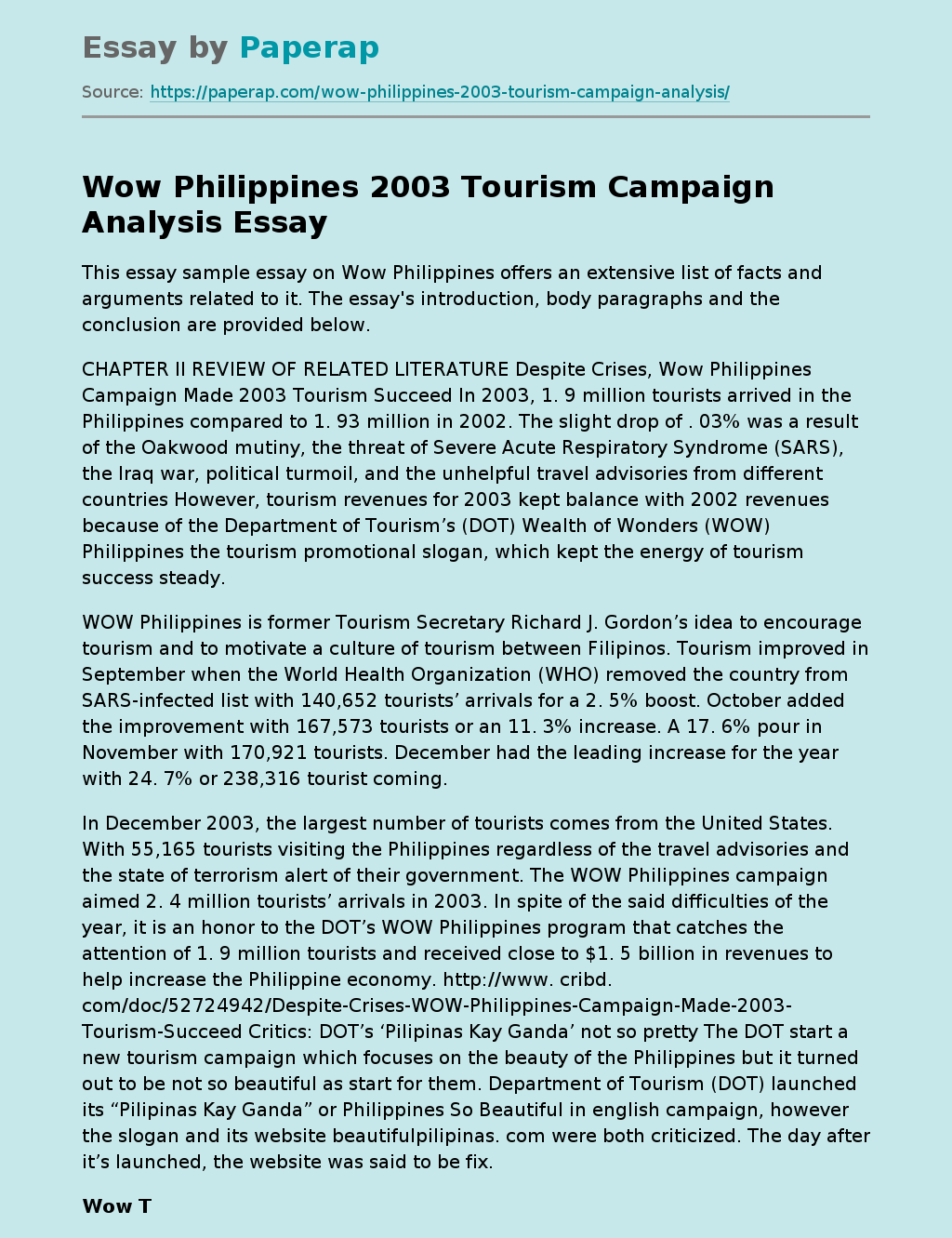 Wow Philippines 2003 Tourism Campaign Analysis Free Essay Example